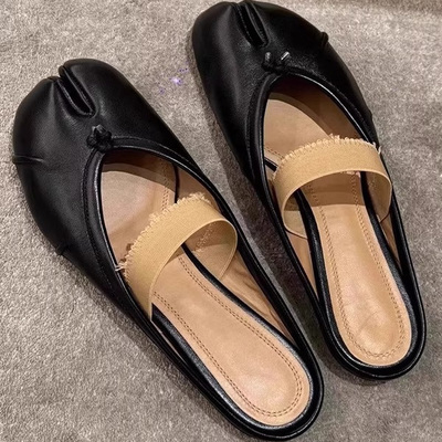 羊皮版~小众猪脚分趾女鞋真皮包头半拖鞋女夏平底猪蹄凉拖女鞋子