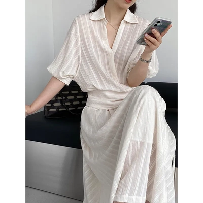江左 法式气质短袖衬衫+半身裙套装休闲女夏两件套收腰设计感6552