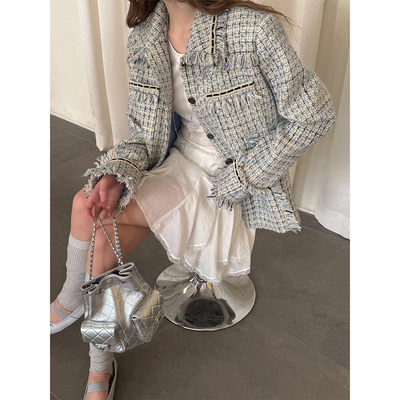 Scout 高端手工坊 矢车菊蓝法式小贵气香风手工外套女粗花呢上衣