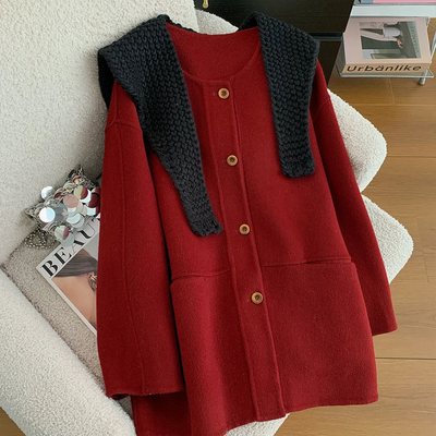 玥儿家龄气质宽松羊毛外套(配可拆卸针织披肩)（含100羊毛）32222