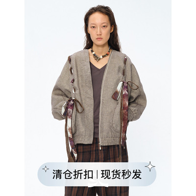 联名印花飘带V领夹克拉链外套