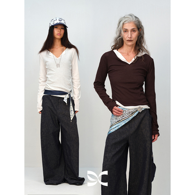 SQUARE CIRCLE 方圆全棉微透基础V领开领正肩修身显瘦长袖T恤