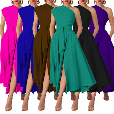 Women sleeveless sloping collar large swing dress斜领连衣裙