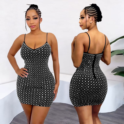 Women rhinestone camisole short skirt dress女烫钻吊带包臀裙