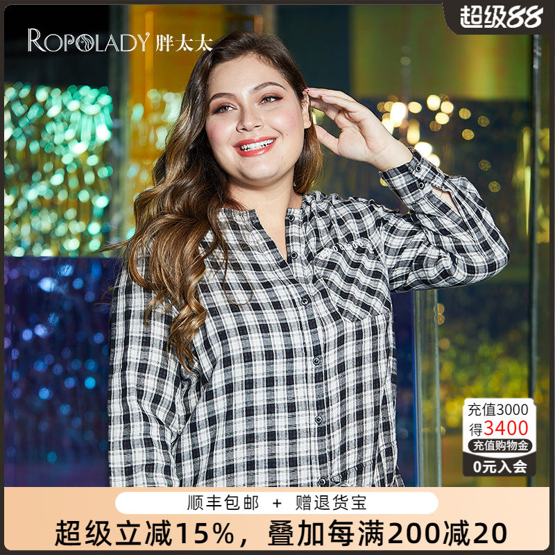 胖太太大码女装夏季新款衬衫上衣宽松格子显瘦妈妈款潮820104610