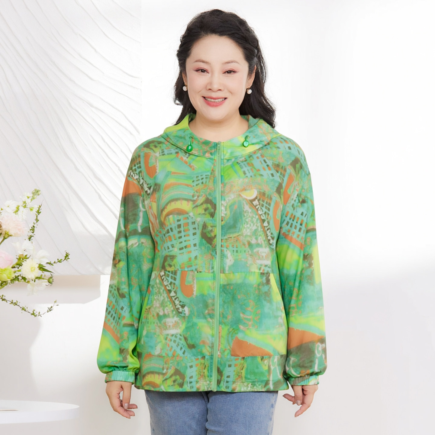 胖太太夏季新款大码女装印花连帽防晒服宽松显瘦外套826206712