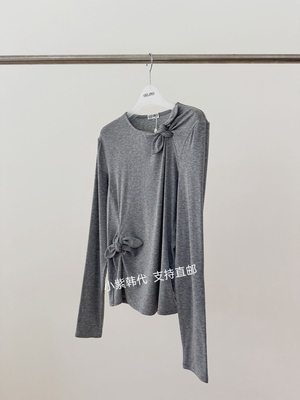 包邮韩国东大门代购ERUME 26春新款纯色圆领蝴蝶结系带长袖T恤女