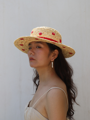 草帽法式度假女春夏平檐波点帽子