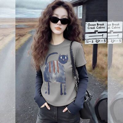 韩系百搭设计感猫咪印花上衣春秋新款辣妹正肩小圆领修身insT恤女