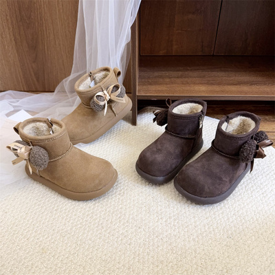 52058真皮女童勃肯靴2025冬季加绒加厚蝴蝶结羊羔毛儿童简约短靴
