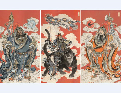 李云中绘国画财神赵公明门神秦琼尉迟恭年画三件套绝机宣纸复刻本