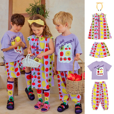 25夏季BE新款女童洋气褶皱连衣裙儿童棉T时尚印花褶皱防蚊裤套装