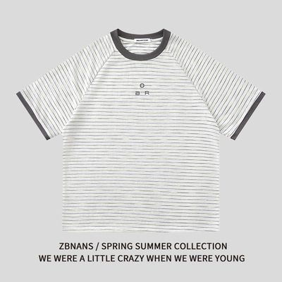 美式复古松弛感条纹短袖T恤男女夏季撞色插肩设计简约百搭上衣