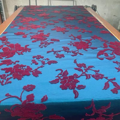 真丝漳绒缎熟丝蓝底大红折枝花