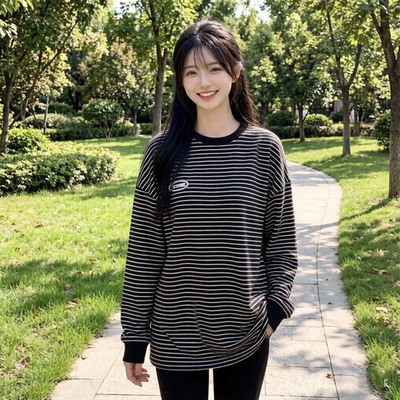 条纹T恤打底衫女秋季新款宽松圆领长袖卫衣女韩版上衣服女潮