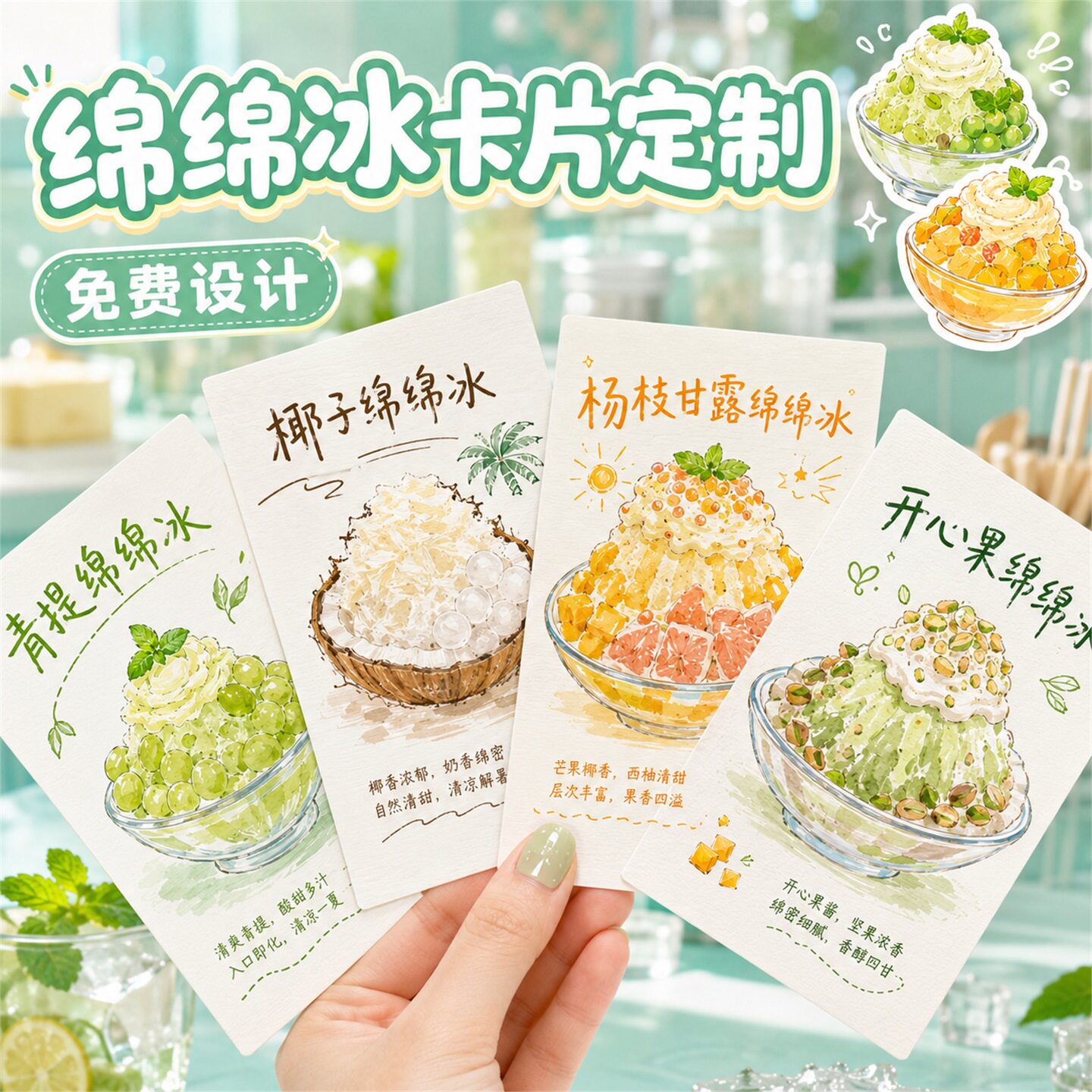 绵绵冰介绍卡片定制刨冰食用明信片贺卡设计甜品手绘说明卡硬卡