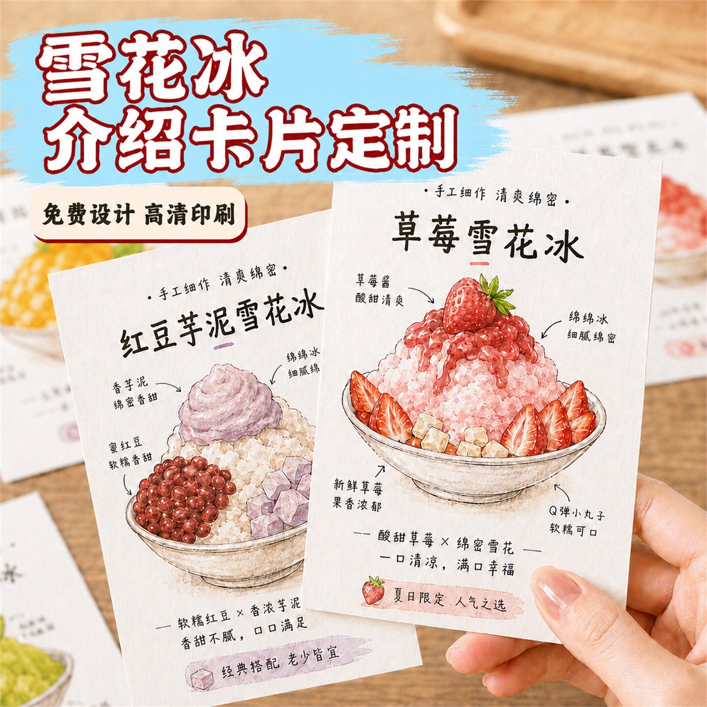 雪花冰介绍卡片定制网红刨冰甜品口味说明贺卡手绘宣传广告明信片