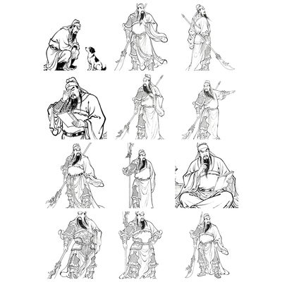 关羽关胜帝君关老爷 A4A3白描画图样纸 线描工笔填色扇面葫芦参考