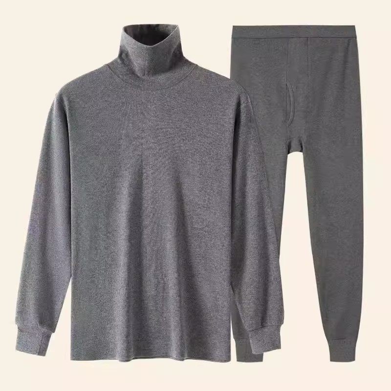 男士纯棉高领睡衣套装长袖长裤纯色简约百搭全棉家居服内衣打底衫