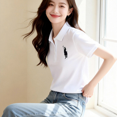 夏季纯棉翻领polo衫女装 白色显瘦短袖t恤休闲POLO领定制logo上衣