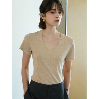 法式正肩V领微宽松短袖亚麻微透薄款T恤女夏新款露锁骨百搭上衣