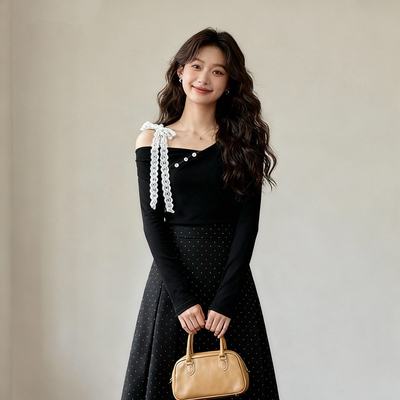 斜肩针织打底衫秋冬蕾丝长袖上衣