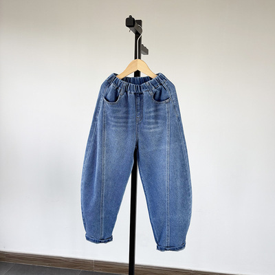 一等童品130-180秋装新款弯刀男女中大童牛仔裤宽松柔软学生裤子