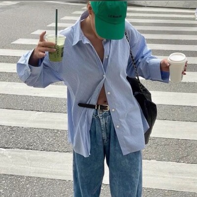 欧美单 F21松弛感条纹衬衫 纯棉长袖皱皱纱 宽松大版B20202