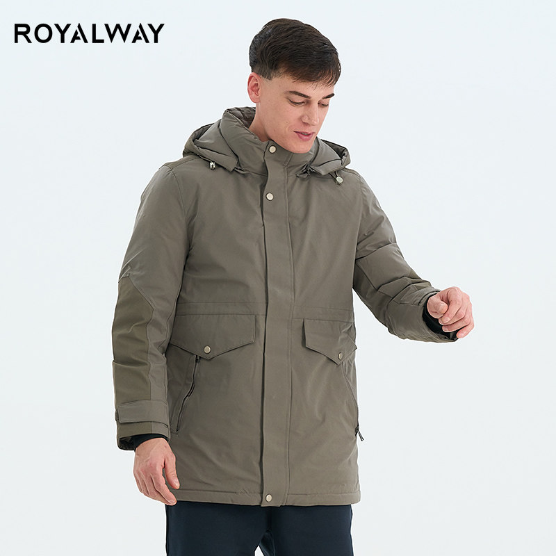 ROYALWAY中长款羽绒服男连帽可拆卸鸭绒冬季防风保暖休闲简约外套