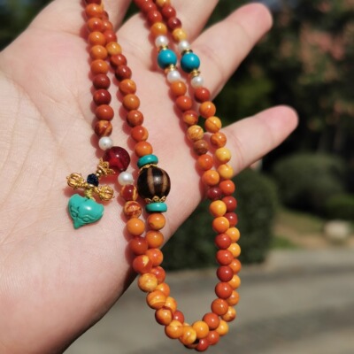 11114  西亚老蜜蜡108念珠搭配18k黄金配饰项链