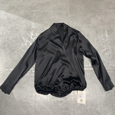 连体衣V领交叠更妥贴~重磅真丝缎面法式黑色衬衫长袖上衣