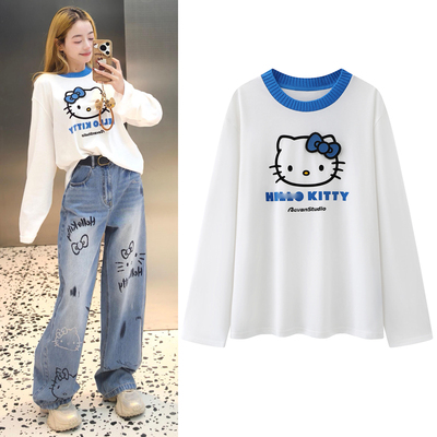 卡通猫咪印花长袖T恤上衣女