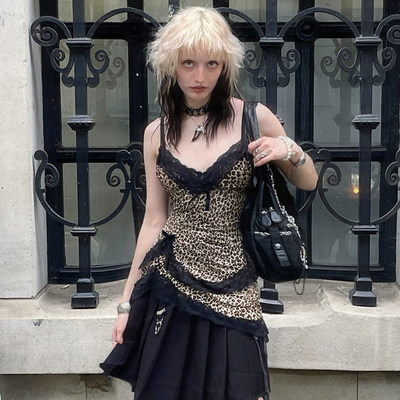 蕾丝豹纹拼接胸型不规则背心吊带