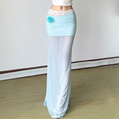 立体花装饰蓝色网纱半裙