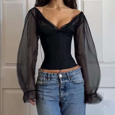 ROCKMORE【禁欲性感】黑色轻薄透视宫廷袖上衣V领低胸辣妹网纱T恤