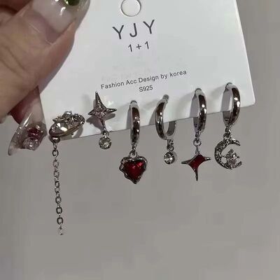 Goth ndy Red Crystal Star Earring Set For Women Men Vintage