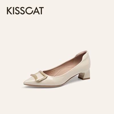 KISSCAT接吻猫2025春季新款通勤尖头粗跟浅口单鞋KA65165-10