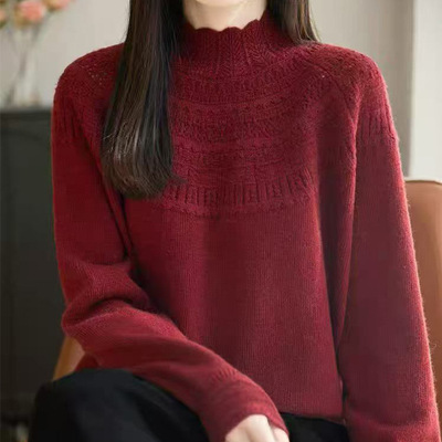 爆款半高领针织毛衫女宽松洋气镂