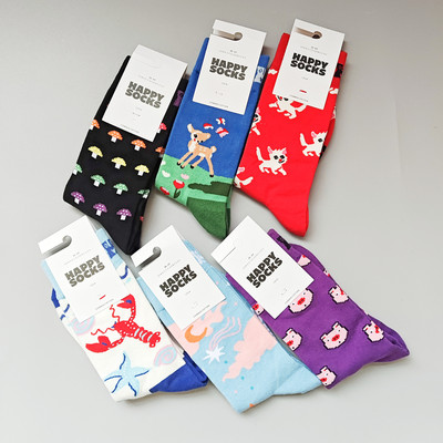 Happy Socks上新袜子女士中高筒情侣袜彩色棉袜时尚百搭四季潮袜
