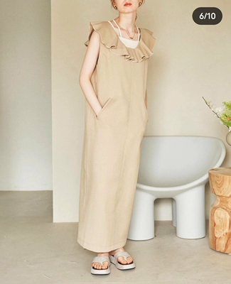 日单hina*i原单2023夏季新款荷叶边领宽松显瘦无袖带口袋连衣裙女