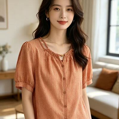 黄花鱼6652通勒风宽松 圆领短袖遮肚显瘦纽扣格子衬衣洋气上衣