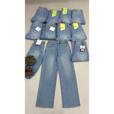 超软四面弹！2025冬季加绒加厚浅蓝色牛仔裤女长裤窄版直筒裤阔腿