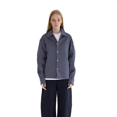 LarvaCosmos｜简单深蓝色复古格纹宽松衬衫短外套