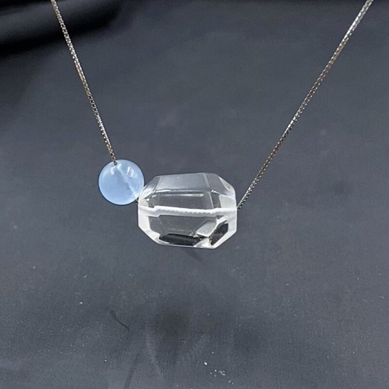 天然随形白水晶海蓝宝吊坠925银项链锁骨链女款补水缺水饰品礼物