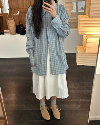 现货PREON工厂自制春季新款蓝色格纹百搭休闲宽松长袖衬衫ethos