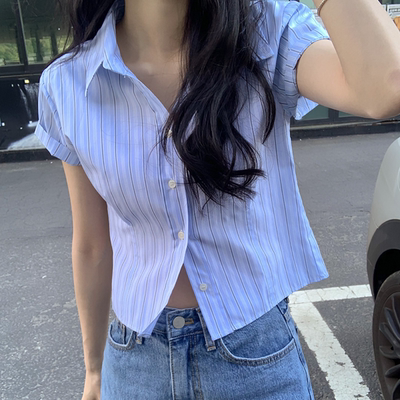 有货 韩国ins夏日气质 短袖 衬衫女高腰显瘦收腰条纹衬衣
