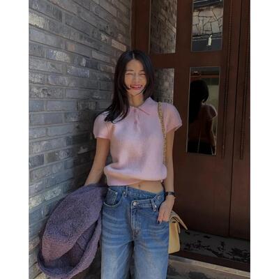 已出货 韩国ins 气质减龄甜美马卡龙色polo翻领短袖针织衫