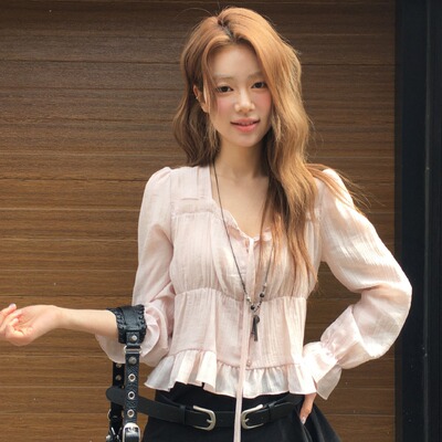 出货中 韩国ins 夏日 单排扣 肌理感 绑带 长袖衬衫