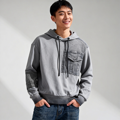 重工脏洗牛仔拼接卫衣ABLEJEANS男女情侣休闲连帽纯棉潮宽松帽衫