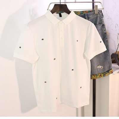 洒脱 痞帅~刺绣短袖t恤polo衫潮流男装夏季白色翻领半袖日系品质